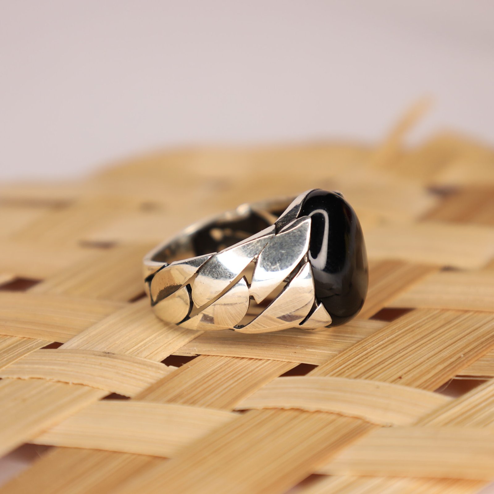 Men's Silver Ring | Oval Shape Plane Black Plate Design Ring | Silveradda